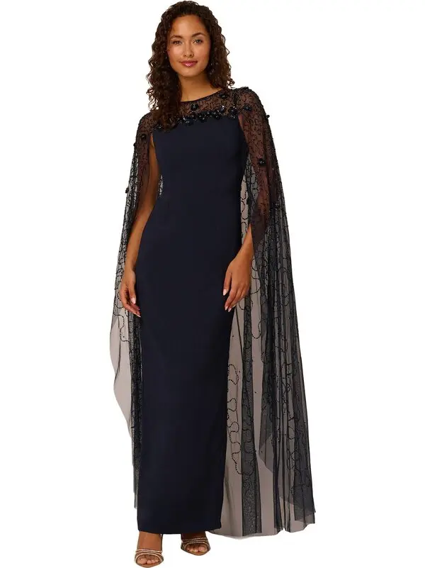 Adrianna Papell Floral Beaded Cape Gown - Midnight