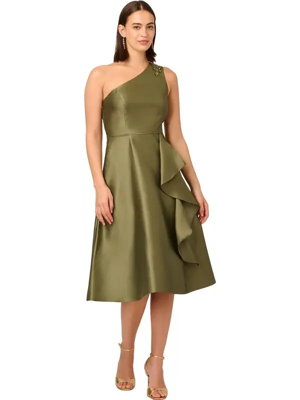 Adrianna Papell One-shoulder Mikado Midi Dress With Beaded Detail - Jungle Olive