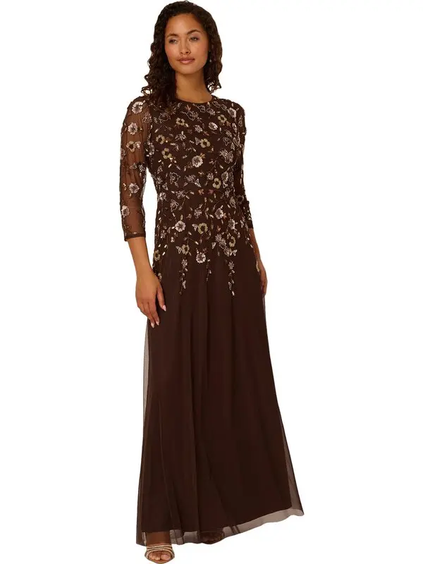 Adrianna Papell Floral Sequin Beaded 3/4 Sleeve Gown - Chocolate