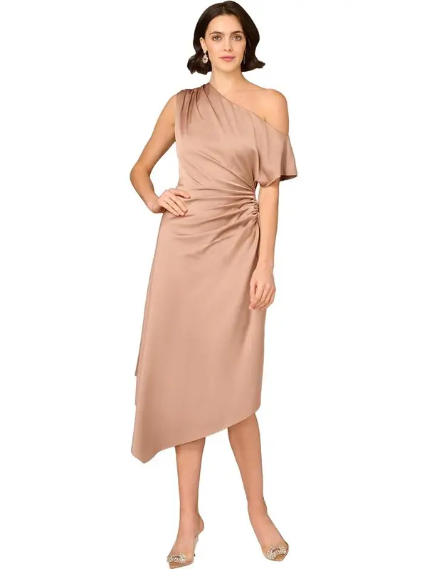 Aidan Mattox One-shoulder Draped Satin Midi Dress - Cafe Mocha