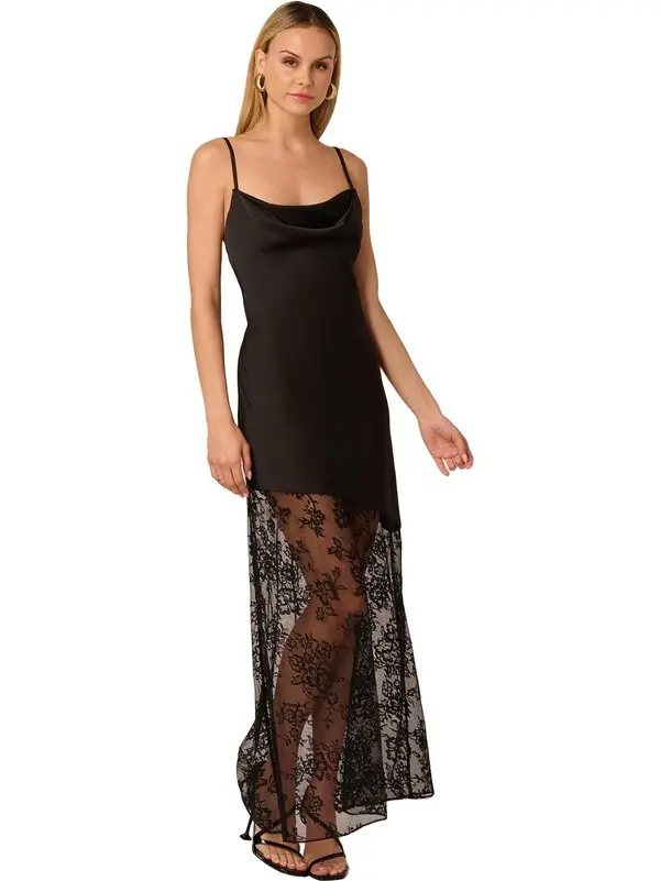 Adrianna Papell Sleeveless Satin Lace Maxi Gown - Black