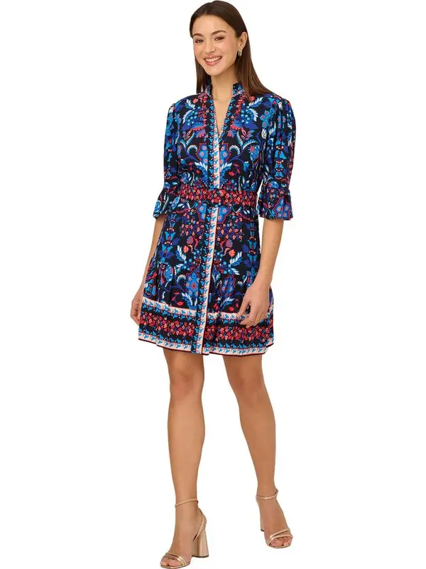 Adrianna Papell Abstract Print Shirt Dress With Bell Sleeves - Navy Multi