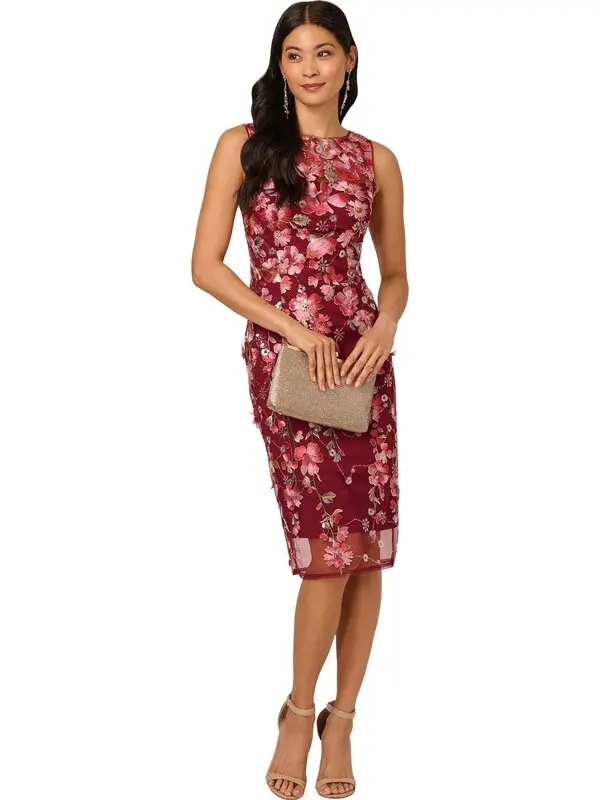 Adrianna Papell Floral Sequin Embroidery Midi Sheath Dress - Plum Multi