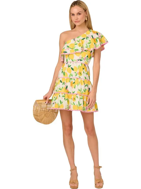 Adrianna Papell One-shoulder Lemon Print Mini Dress - White Multi