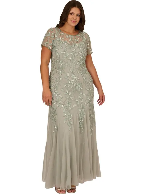 Adrianna Papell Hand Beaded Floral Godet Gown - Frosted Sage