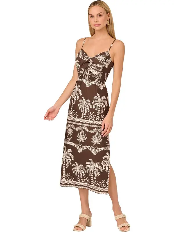 Adrianna Papell Sleeveless Palm Tree Print Sundress With Bow Detail - Brown/ivory