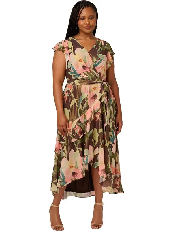 Adrianna Papell Flutter Sleeve High-low Midi Wrap Dress - Brown Multi