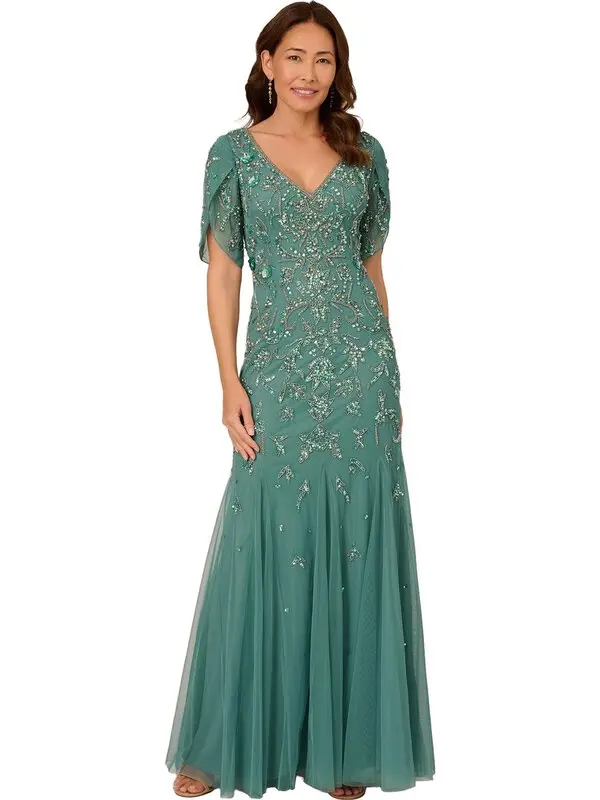 Adrianna Papell Beaded Mermaid Gown With Sheer Petal Sleeves - Green Slate