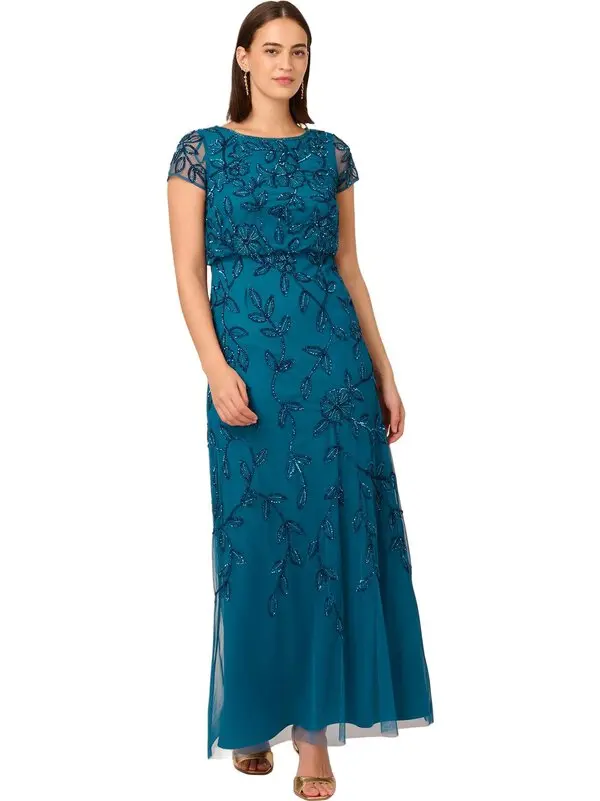 Adrianna Papell Jasmine Beaded Blouson Gown With Sheer Short Sleeves - Teal Sapphire