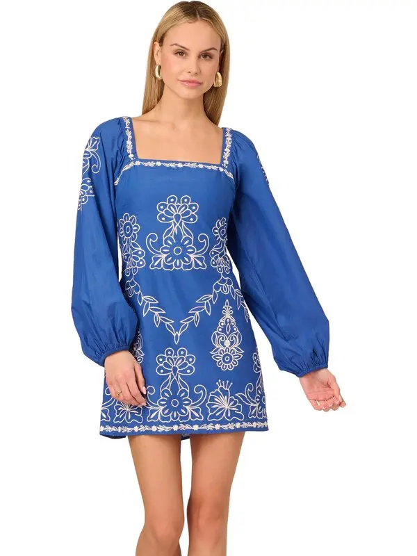 Adrianna Papell Embroidered Cotton Mini Dress - Blue/white