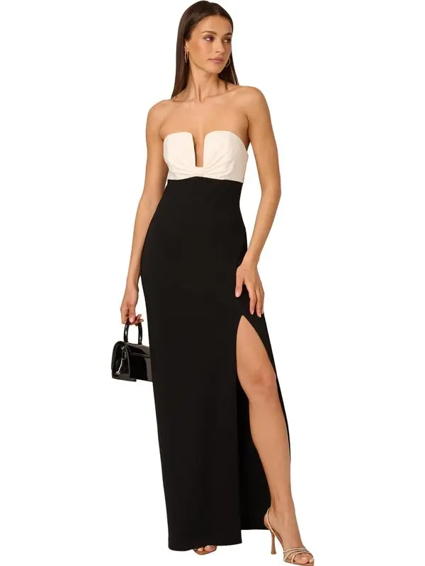 Adrianna Papell Strapless Plunge Neck Color Block Gown - Black/ivory
