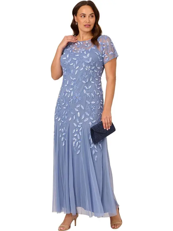 Adrianna Papell Hand Beaded Floral Godet Gown - French Blue