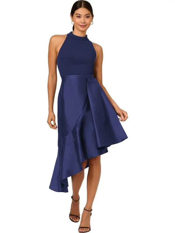 Adrianna Papell Crepe Combo Taffeta Midi Dress - Light Navy