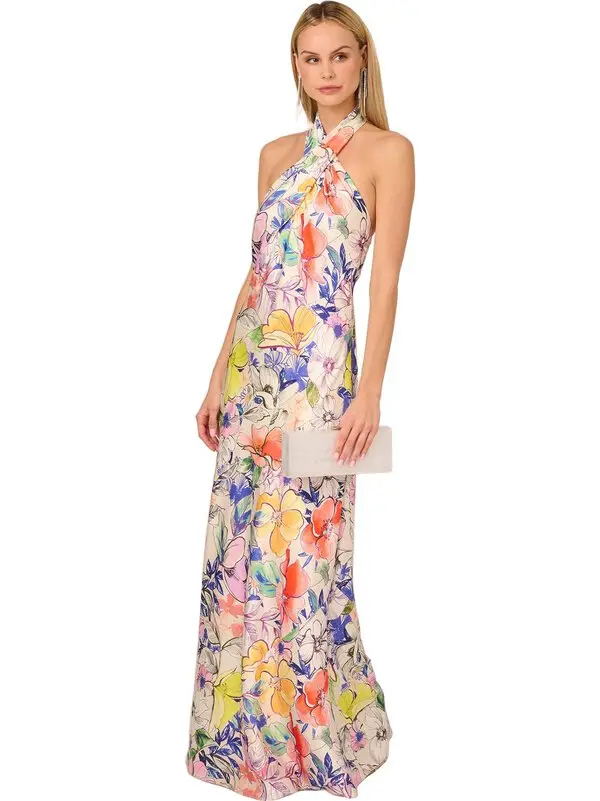 Adrianna Papell Bias Cut Floral Satin Halter Gown - Ivory Multi