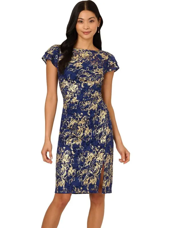Adrianna Papell Cap Sleeve Foil Lace Sheath Dress - Navy/gold