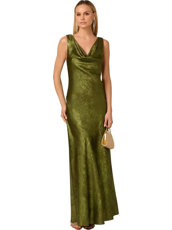 Adrianna Papell Sleeveless Foil Cowl Gown - Dark Olive