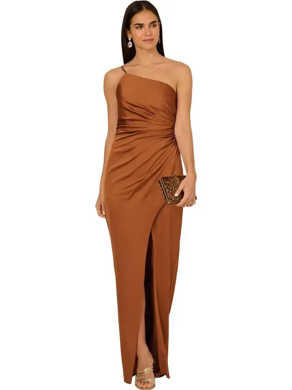 Adrianna Papell One Shoulder Ruched Satin Gown - Cinnamon