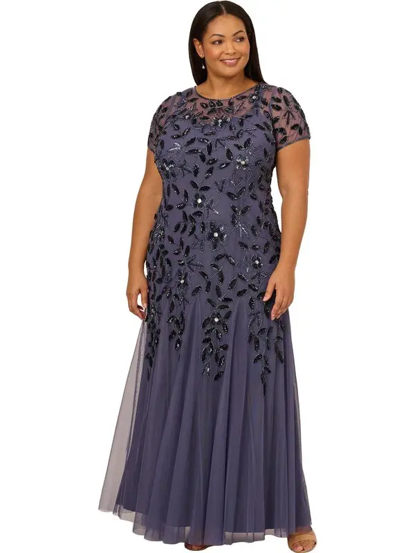 Adrianna Papell Hand Beaded Floral Godet Gown - Smoky Peri