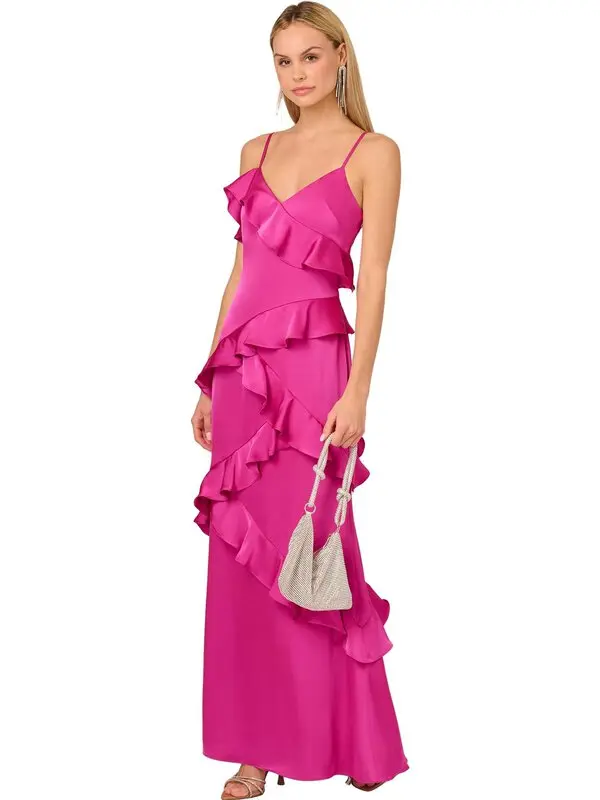 Adrianna Papell Satin Cascade Ruffle Slip Gown - Electric Passion