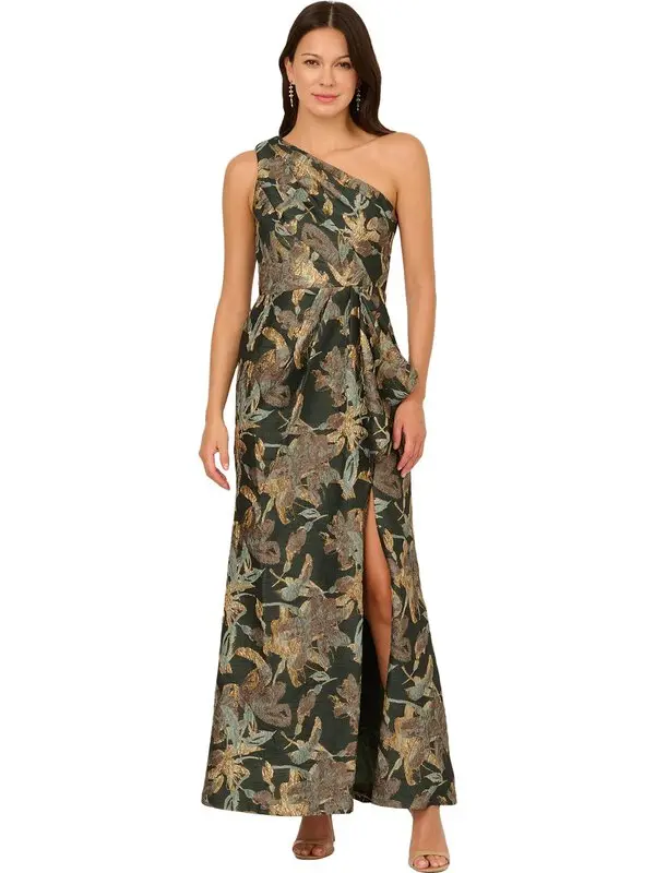 Adrianna Papell One Shoulder Jacquard Mermaid Gown - Green/gold