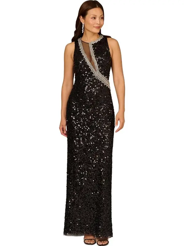 Aidan Mattox Sleeveless Asymmetrical Sequin Gown - Black
