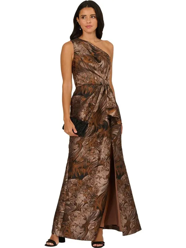 Adrianna Papell One Shoulder Jacquard Mermaid Gown - Copper/chocolate