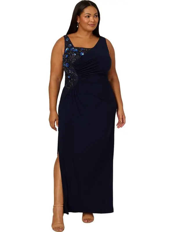 Adrianna Papell Sleeveless Asymmetrical Floral Beaded Jersey Gown - Midnight Multi
