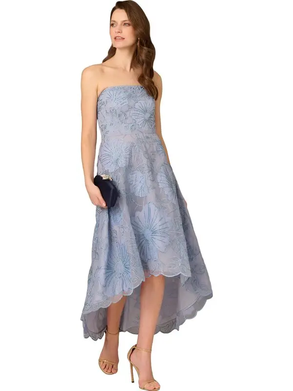 Aidan Mattox Strapless Floral Embroidered High-low Midi Dress - Blue Cloud