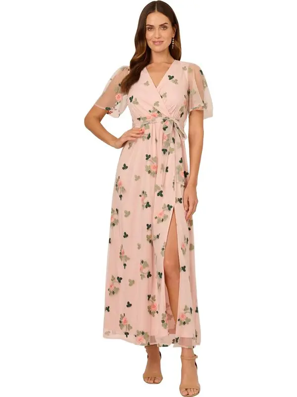 Adrianna Papell Floral Embroidered Maxi Dress With Flutter Sleeves - Blush Multi