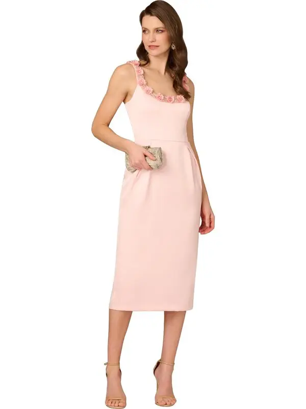 Aidan Mattox Sleeveless Satin Rosette Sheath Midi Dress - Pink Peach