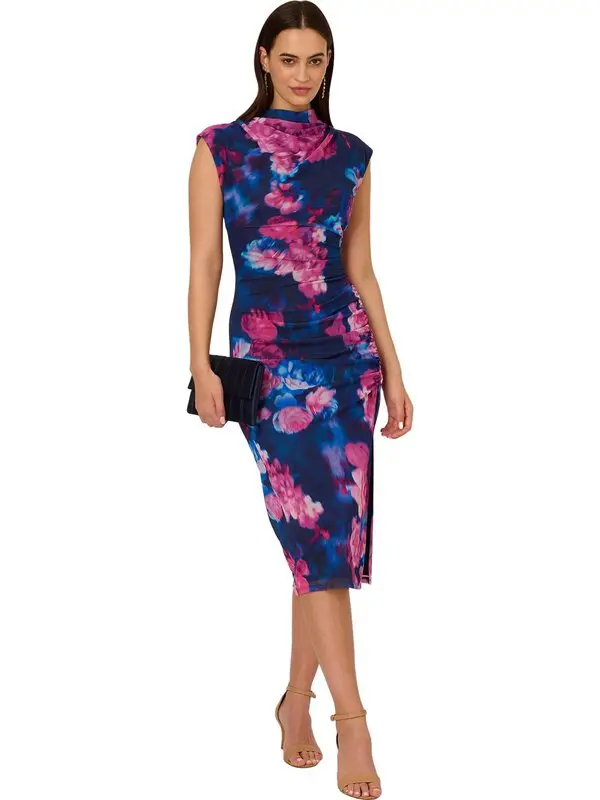 Adrianna Papell Floral Mesh Draped Midi Dress - Navy/pink Multi
