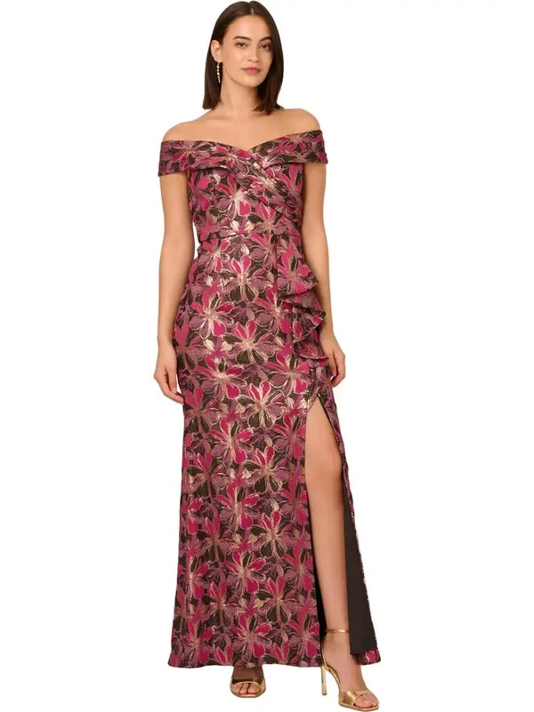 Adrianna Papell Off-the-shoulder Jacquard Gown - Fuchsia Multi