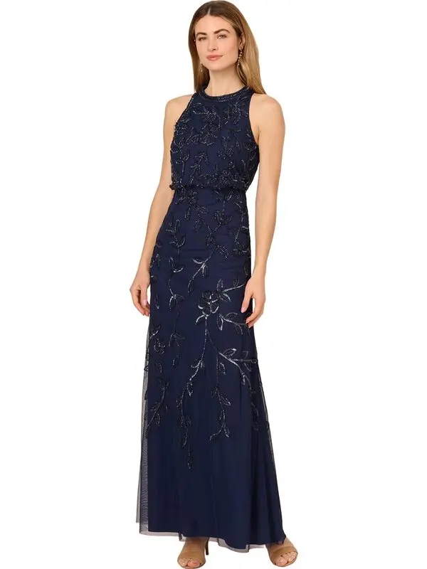 Adrianna Papell Sleeveless Beaded Mermaid Gown - Light Navy