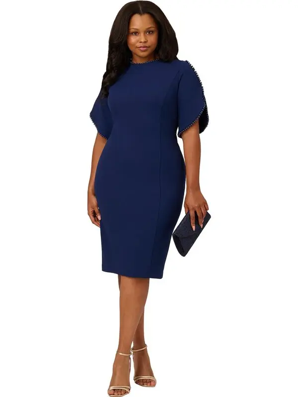Adrianna Papell Crepe Midi Sheath Dress With Pearl Trim - Navy Sateen