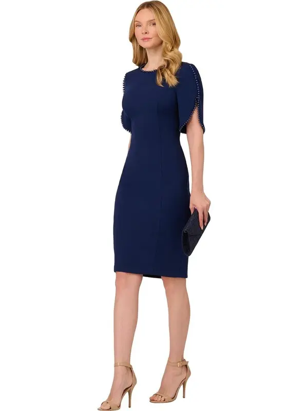 Adrianna Papell Crepe Midi Sheath Dress With Pearl Trimmed Sleeves - Navy Sateen