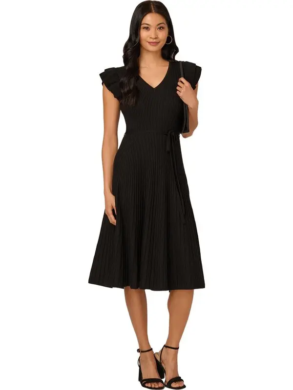 Adrianna Papell Flutter Sleeve Ribbed Cable Midi Dress - Black