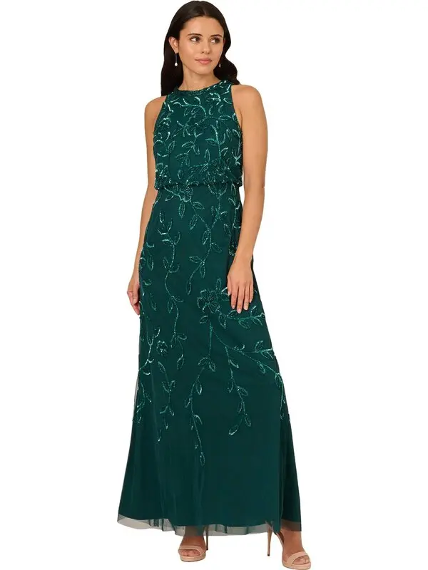 Adrianna Papell Sleeveless Beaded Mermaid Gown - Gem Green