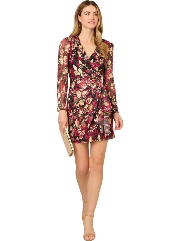 Adrianna Papell Crinkle Foil Wrap Dress - Fuchsia/gold