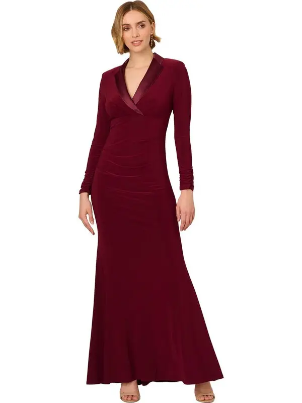 Adrianna Papell Tuxedo Mermaid Gown With Long Sleeves - Red Wine