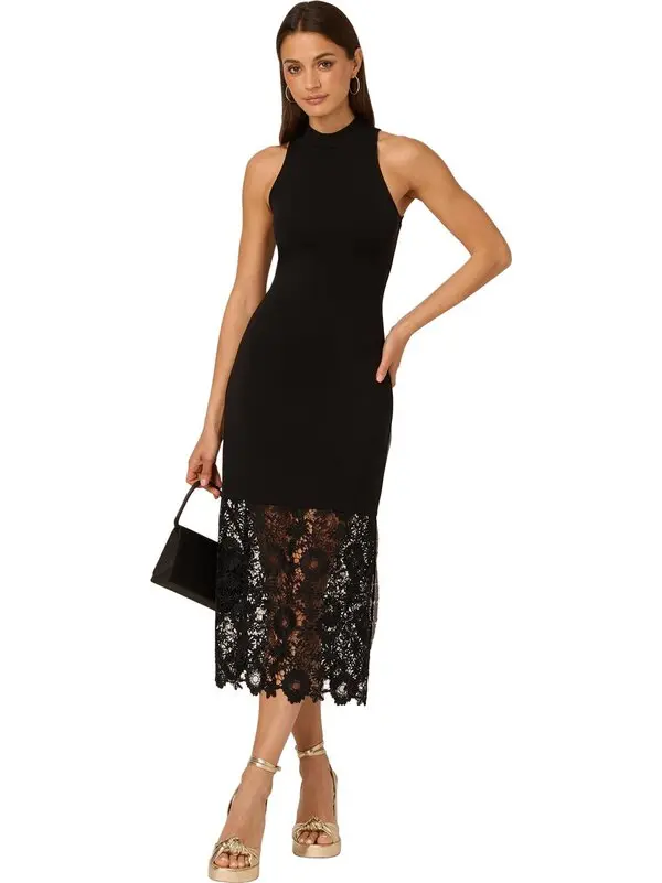Adrianna Papell Sleeveless Lace Hem Midi Sheath Dress - Black