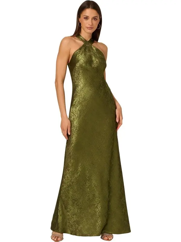 Adrianna Papell Foiled Mermaid Gown With Halter Neckline - Dark Olive