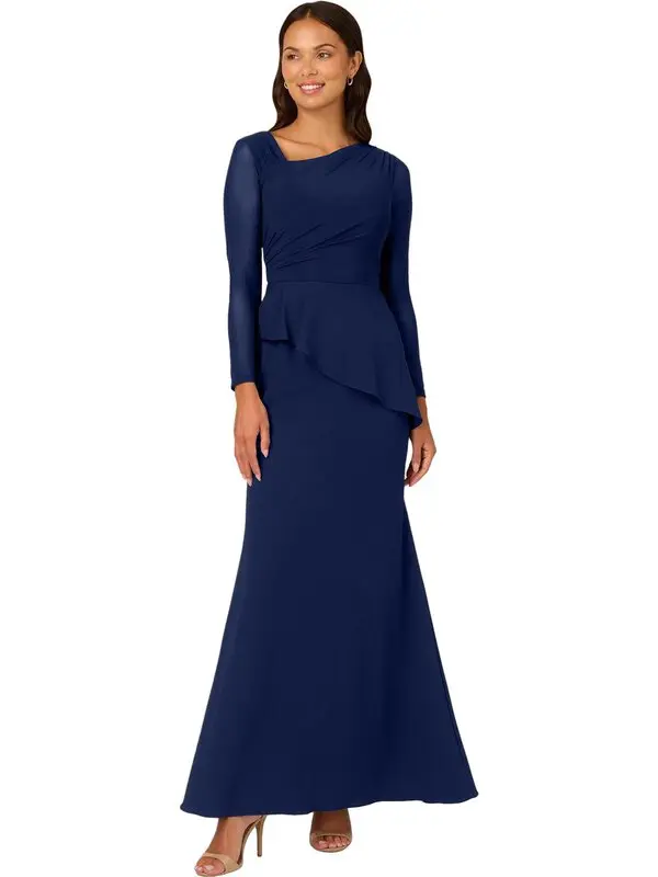 Adrianna Papell Knit Crepe Combo Mesh Gown - Navy Sateen