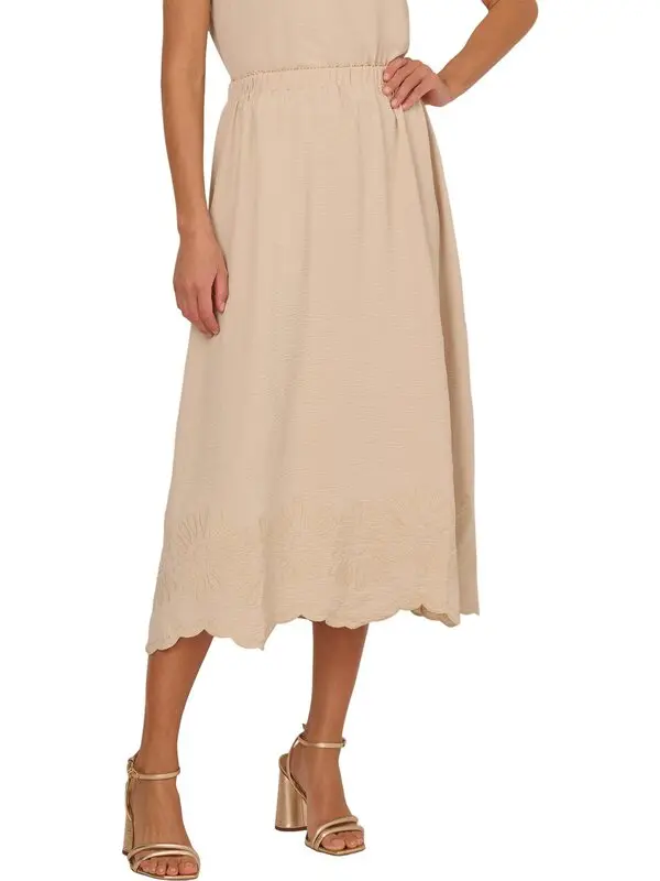 Adrianna Papell Embroidery Scalloped Hem Midi Skirt - Bamboo Wood