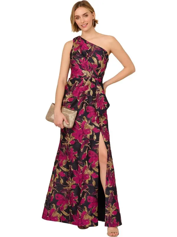Adrianna Papell One-shoulder Jacquard Gown - Navy/pink