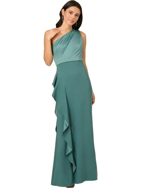 Adrianna Papell One-shoulder Long Satin Crepe Mermaid Gown - Green Slate