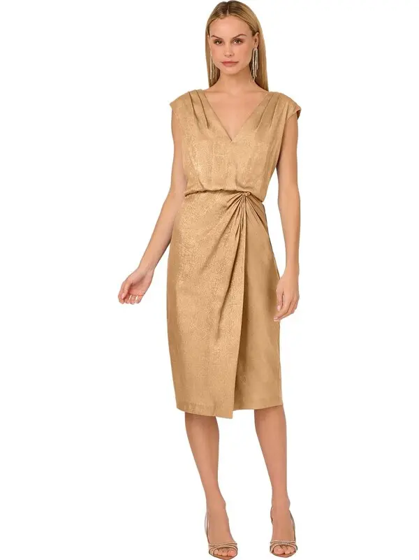 Adrianna Papell Foil Blouson Midi Dress With Faux Wrap Skirt - Light Gold