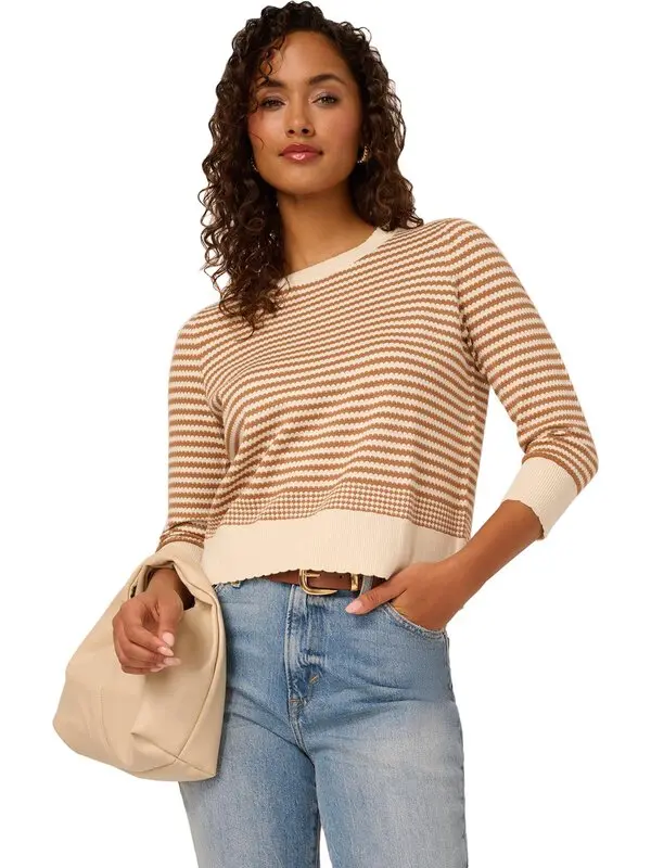 Adrianna Papell Three Quarter Sleeve Stripe Knit Sweater Top - Cream/camel