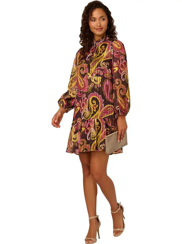 Adrianna Papell Long Sleeve Paisley Chiffon Trapeze Dress - Brown Multi