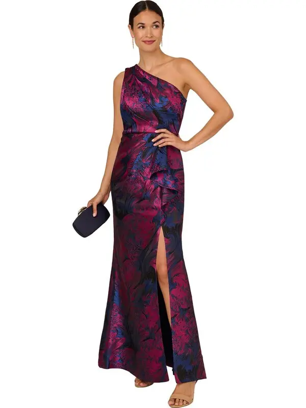 Adrianna Papell Floral Jacquard One-shoulder Mermaid Gown - Navy/orchid