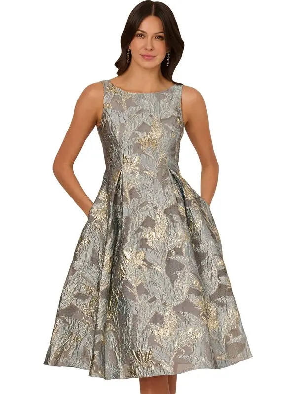 Adrianna Papell Tea-length Jacquard Sleeveless Dress - Slate